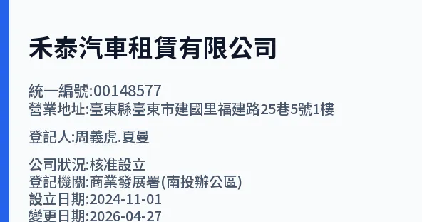 禾泰汽車租賃有限公司的照片-統編 00148577(臺東縣) 公司登記資料與營業項目詳細圖表
