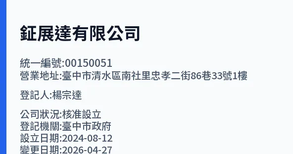 鉦展達有限公司的照片-統編 00150051(臺中市) 公司登記資料與營業項目詳細圖表