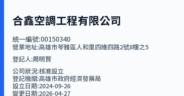 合鑫空調工程有限公司的照片-統編 00150340(高雄市) 公司登記資料與營業項目詳細圖表
