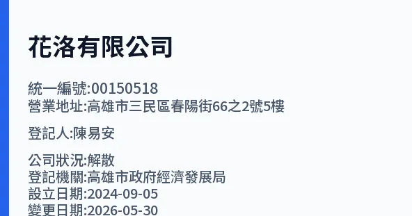 花洛有限公司的照片-統編 00150518(高雄市) 公司登記資料與營業項目詳細圖表