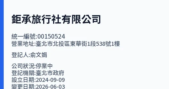 鉅承旅行社有限公司的照片-統編 00150524(臺北市) 公司登記資料與營業項目詳細圖表