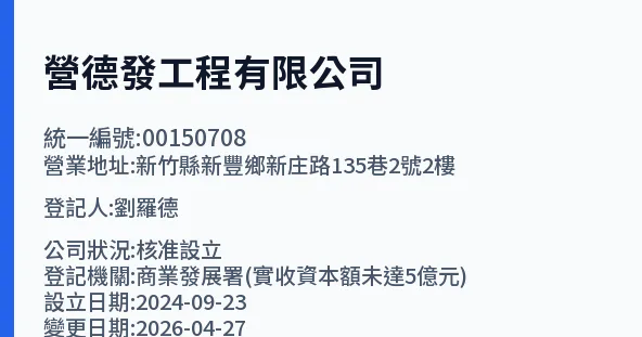 營德發工程有限公司的照片-統編 00150708(新竹縣) 公司登記資料與營業項目詳細圖表