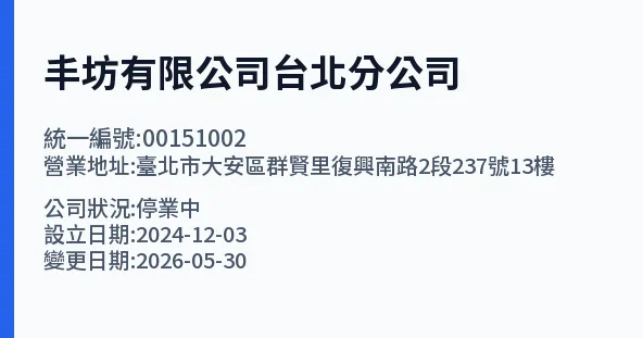 丰坊有限公司台北分公司的照片-統編 00151002(臺北市) 公司登記資料與營業項目詳細圖表