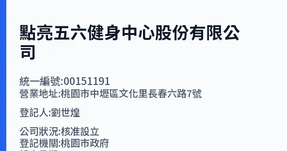 點亮五六健身中心股份有限公司的照片-統編 00151191(桃園市) 公司登記資料與營業項目詳細圖表