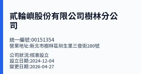 貳輪嶼股份有限公司樹林分公司的照片-統編 00151354(新北市) 公司登記資料與營業項目詳細圖表