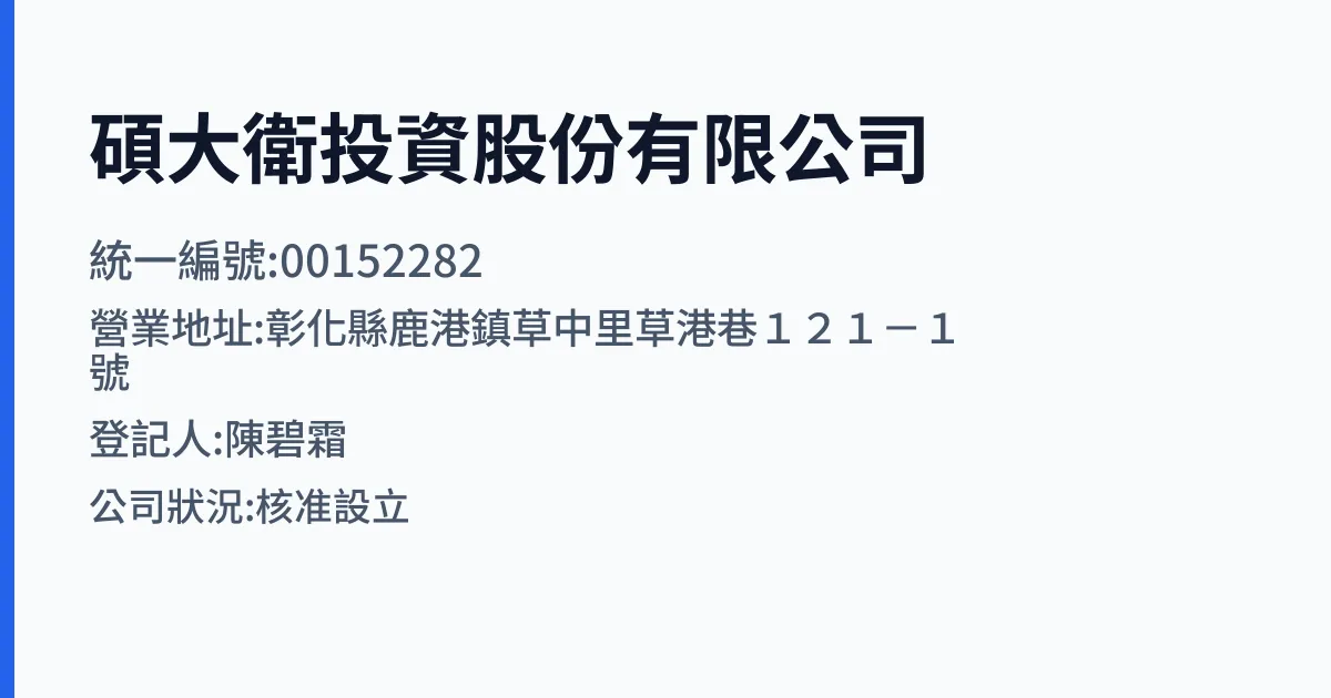 碩大衛投資股份有限公司 - 統編 00152282(彰化縣) 公司登記資料與營業項目詳細圖表