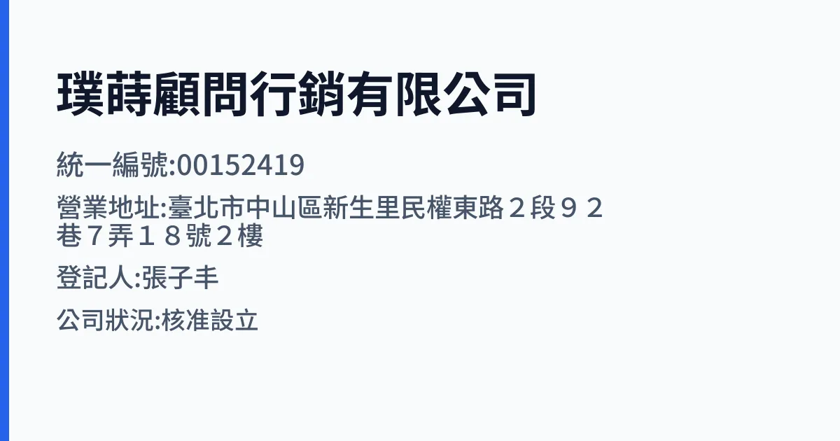 璞蒔顧問行銷有限公司 - 統編 00152419(臺北市) 公司登記資料與營業項目詳細圖表