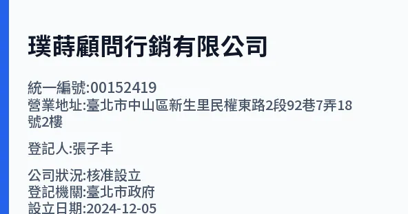 璞蒔顧問行銷有限公司的照片-統編 00152419(臺北市) 公司登記資料與營業項目詳細圖表