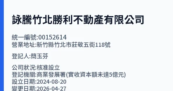 詠騰竹北勝利不動產有限公司的照片-統編 00152614(新竹縣) 公司登記資料與營業項目詳細圖表