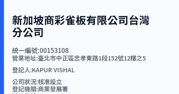 新加坡商彩雀板有限公司台灣分公司的照片-統編 00153108(臺北市) 公司登記資料與營業項目詳細圖表