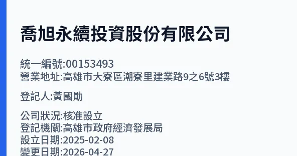 喬旭永續投資股份有限公司的照片-統編 00153493(高雄市) 公司登記資料與營業項目詳細圖表