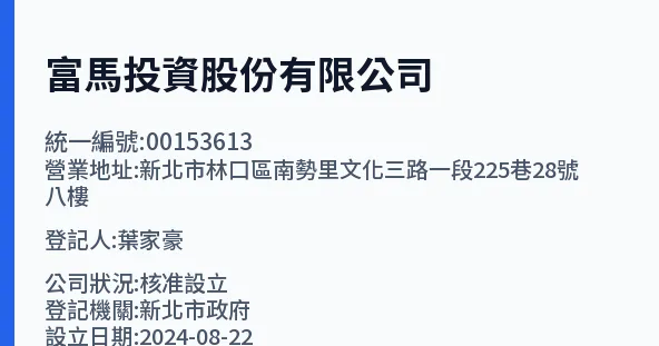富馬投資股份有限公司的照片-統編 00153613(新北市) 公司登記資料與營業項目詳細圖表