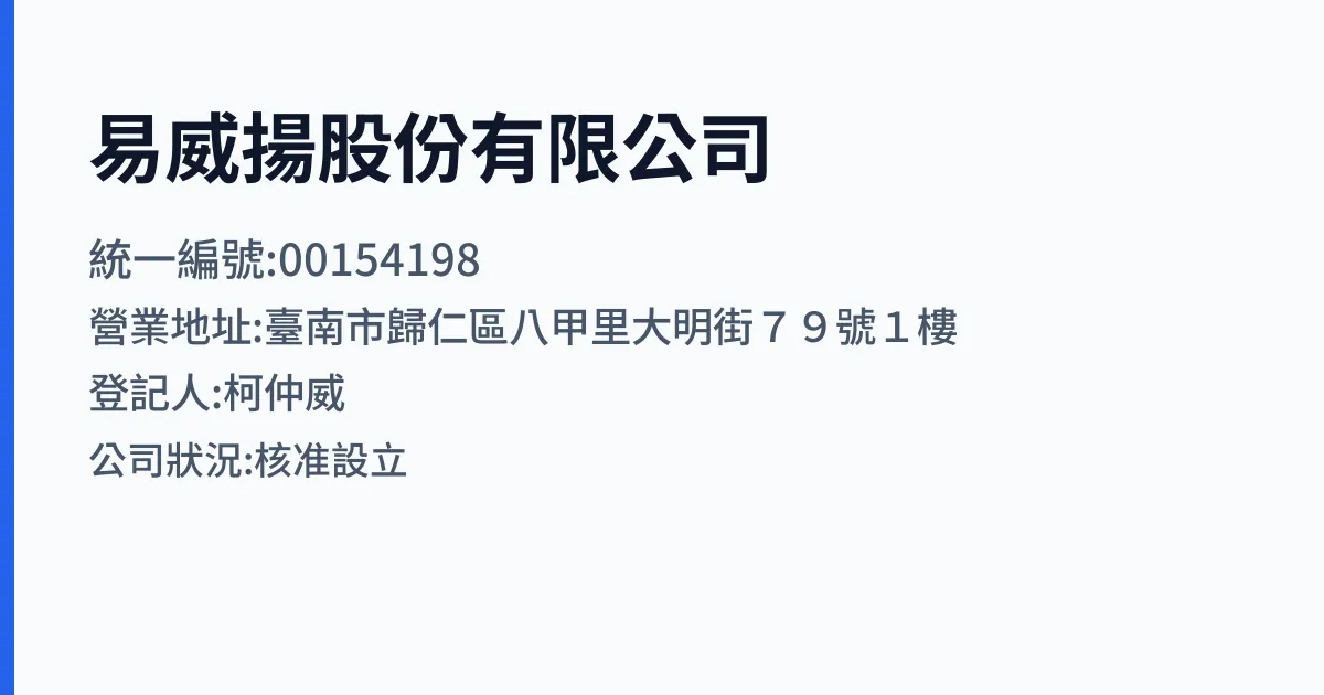 易威揚股份有限公司 - 統編 00154198(臺南市) 公司登記資料與營業項目詳細圖表