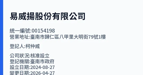 易威揚股份有限公司的照片-統編 00154198(臺南市) 公司登記資料與營業項目詳細圖表