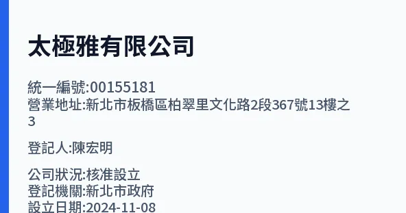 太極雅有限公司的照片-統編 00155181(新北市) 公司登記資料與營業項目詳細圖表