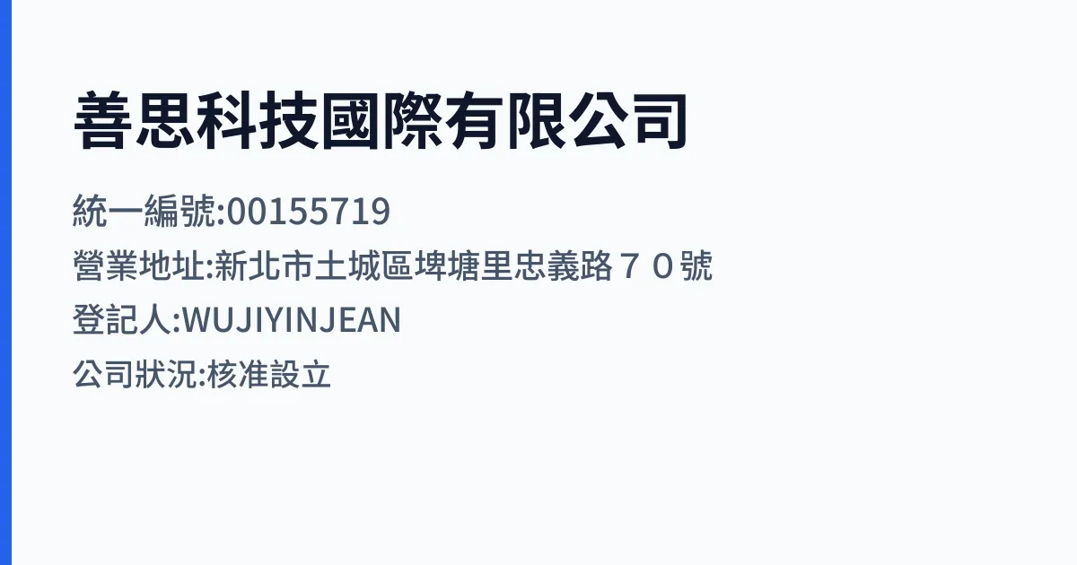 善思科技國際有限公司 - 統編 00155719(新北市) 公司登記資料與營業項目詳細圖表