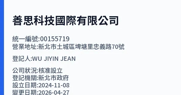 善思科技國際有限公司的照片-統編 00155719(新北市) 公司登記資料與營業項目詳細圖表