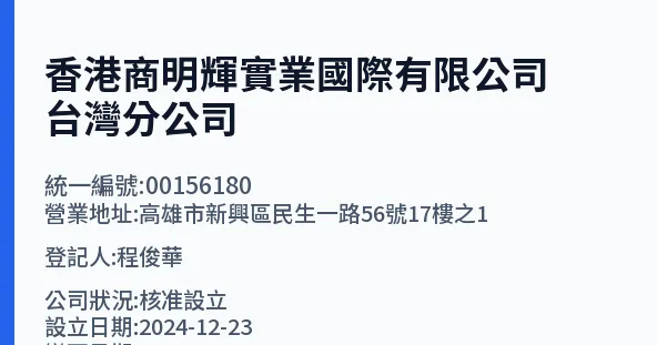 香港商明輝實業國際有限公司台灣分公司的照片-統編 00156180(高雄市) 公司登記資料與營業項目詳細圖表