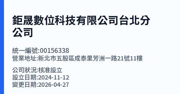 鉅晟數位科技有限公司台北分公司的照片-統編 00156338(新北市) 公司登記資料與營業項目詳細圖表