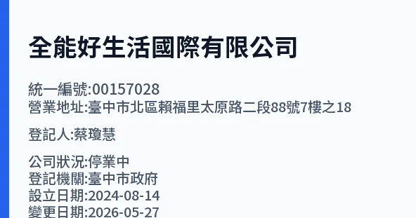 全能好生活國際有限公司的照片-統編 00157028(臺中市) 公司登記資料與營業項目詳細圖表