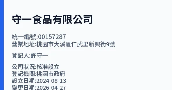 守一食品有限公司的照片-統編 00157287(桃園市) 公司登記資料與營業項目詳細圖表