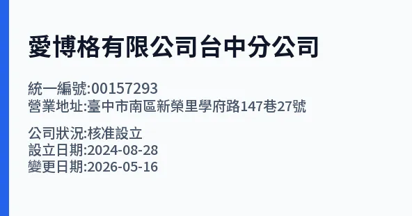 愛博格有限公司台中分公司的照片-統編 00157293(臺中市) 公司登記資料與營業項目詳細圖表