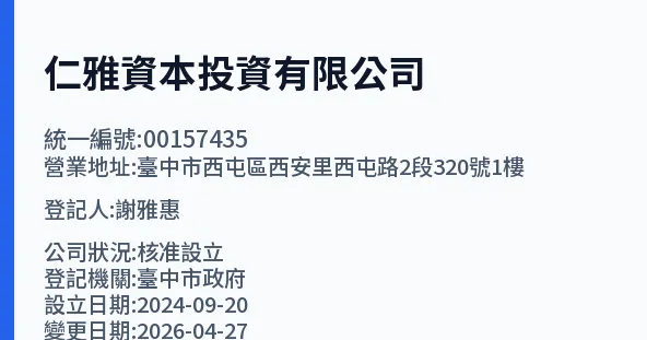 仁雅資本投資有限公司的照片-統編 00157435(臺中市) 公司登記資料與營業項目詳細圖表