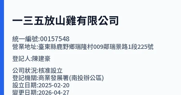 一三五放山雞有限公司的照片-統編 00157548(臺東縣) 公司登記資料與營業項目詳細圖表
