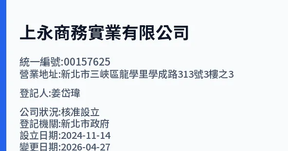 上永商務實業有限公司的照片-統編 00157625(新北市) 公司登記資料與營業項目詳細圖表