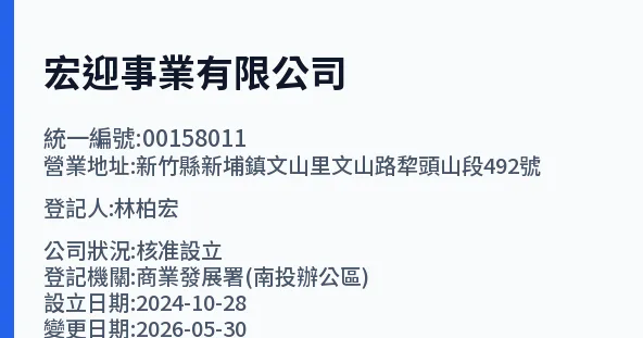 宏迎事業有限公司的照片-統編 00158011(新竹縣) 公司登記資料與營業項目詳細圖表