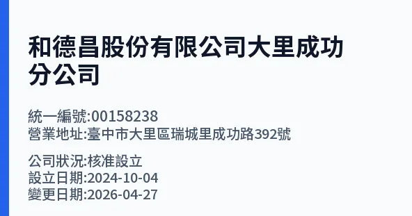 和德昌股份有限公司大里成功分公司的照片-統編 00158238(臺中市) 公司登記資料與營業項目詳細圖表
