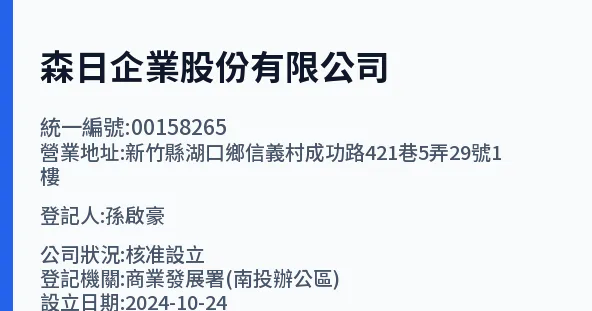 森日企業股份有限公司的照片-統編 00158265(新竹縣) 公司登記資料與營業項目詳細圖表