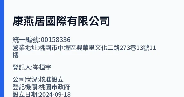 康燕居國際有限公司的照片-統編 00158336(桃園市) 公司登記資料與營業項目詳細圖表