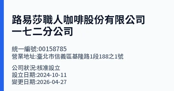 路易莎職人咖啡股份有限公司一七二分公司的照片-統編 00158785(臺北市) 公司登記資料與營業項目詳細圖表