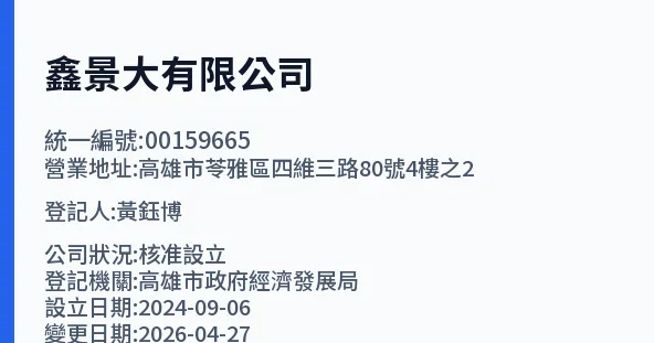 鑫景大有限公司的照片-統編 00159665(高雄市) 公司登記資料與營業項目詳細圖表