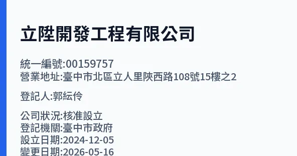 立陞開發工程有限公司的照片-統編 00159757(臺中市) 公司登記資料與營業項目詳細圖表