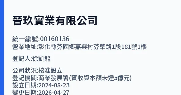 晉玖實業有限公司的照片-統編 00160136(彰化縣) 公司登記資料與營業項目詳細圖表