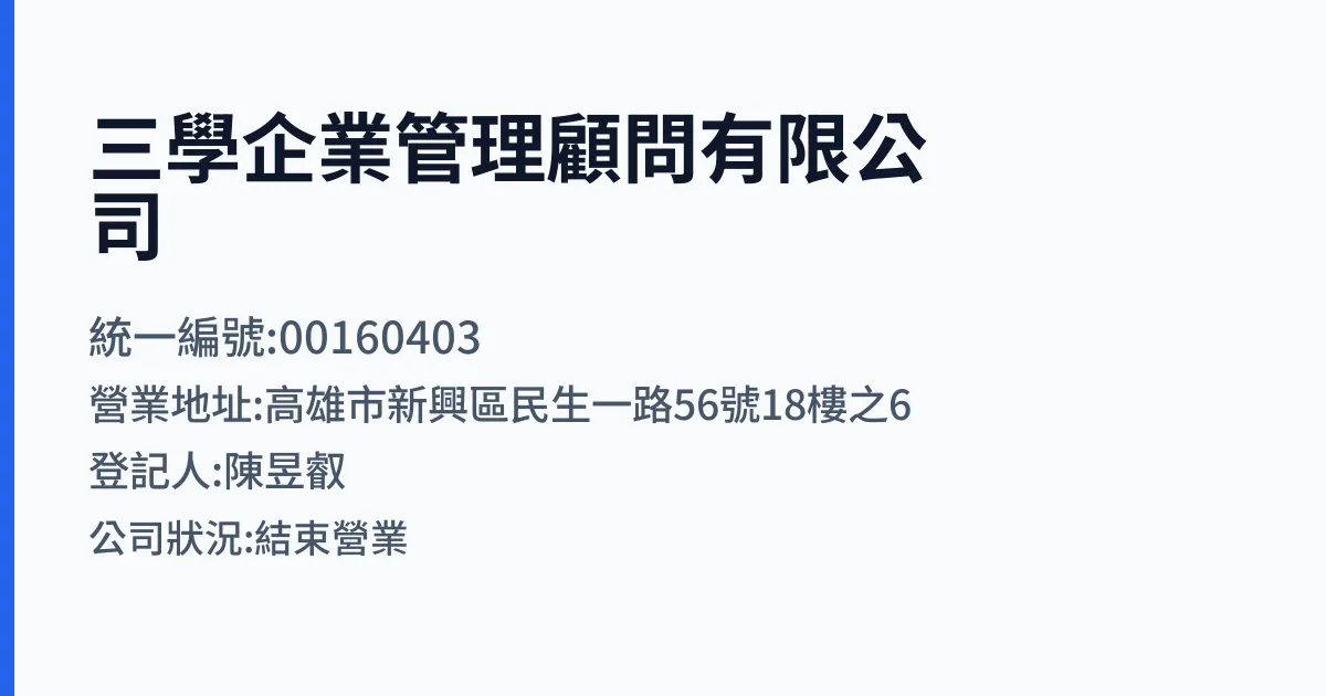三學企業管理顧問有限公司 - 統編 00160403(高雄市) 公司登記資料與營業項目詳細圖表