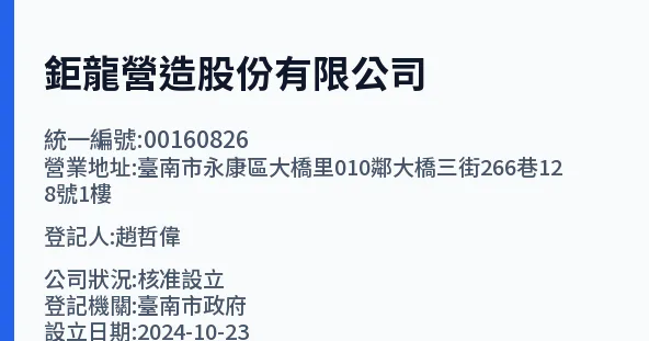 鉅龍營造股份有限公司的照片-統編 00160826(臺南市) 公司登記資料與營業項目詳細圖表