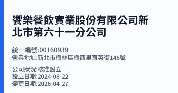 饗樂餐飲實業股份有限公司新北市第六十一分公司的照片-統編 00160939(新北市) 公司登記資料與營業項目詳細圖表