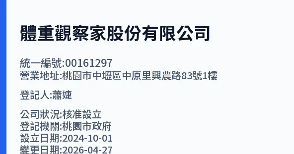 體重觀察家股份有限公司的照片-統編 00161297(桃園市) 公司登記資料與營業項目詳細圖表