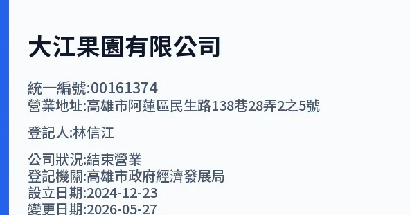 大江果園有限公司的照片-統編 00161374(高雄市) 公司登記資料與營業項目詳細圖表
