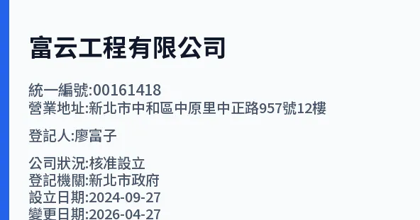 富云工程有限公司的照片-統編 00161418(新北市) 公司登記資料與營業項目詳細圖表