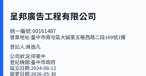 呈邦廣告工程有限公司的照片-統編 00161487(臺中市) 公司登記資料與營業項目詳細圖表