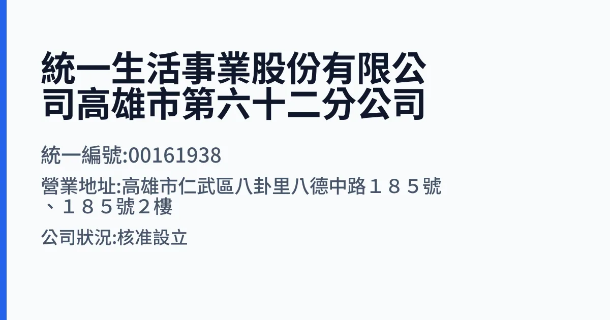 統一生活事業股份有限公司高雄市第六十二分公司 - 統編 00161938(高雄市) 公司登記資料與營業項目詳細圖表