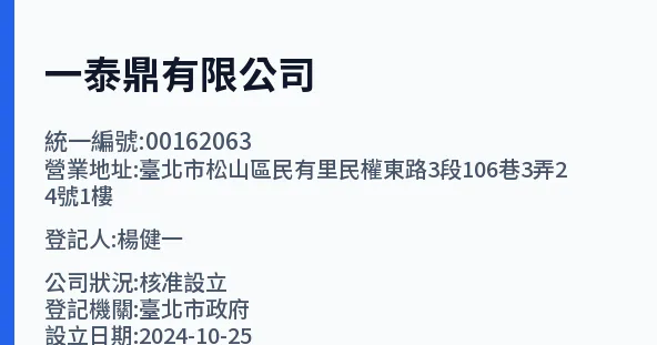 一泰鼎有限公司的照片-統編 00162063(臺北市) 公司登記資料與營業項目詳細圖表