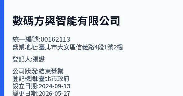 數碼方輿智能有限公司的照片-統編 00162113(臺北市) 公司登記資料與營業項目詳細圖表
