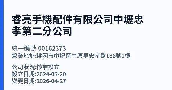 睿亮手機配件有限公司中壢忠孝第二分公司的照片-統編 00162373(桃園市) 公司登記資料與營業項目詳細圖表