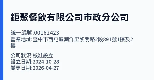 鉅聚餐飲有限公司市政分公司的照片-統編 00162423(臺中市) 公司登記資料與營業項目詳細圖表