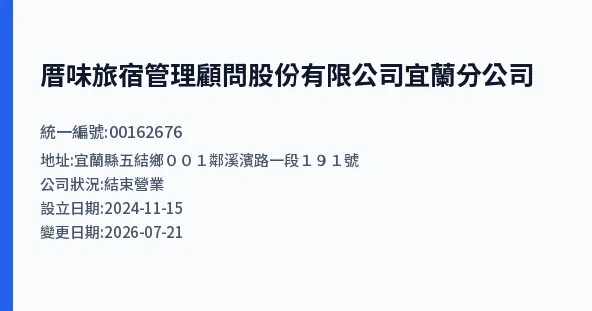 厝味旅宿管理顧問股份有限公司宜蘭分公司的照片-統編 00162676 公司登記資料與營業項目詳細圖表